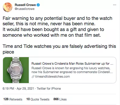 Russell Crowe Cinderella Man Rolexi allveelaev
