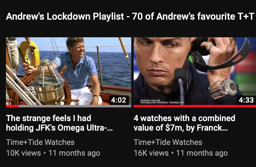 اندرو یک لیست پخش حماسی 70 ویدیویی در یوتیوب از ویدیوهای T+T مورد علاقه خود ساخته است. چهار ساعت خداحافظ - ساعت های زمان و جزر و مد